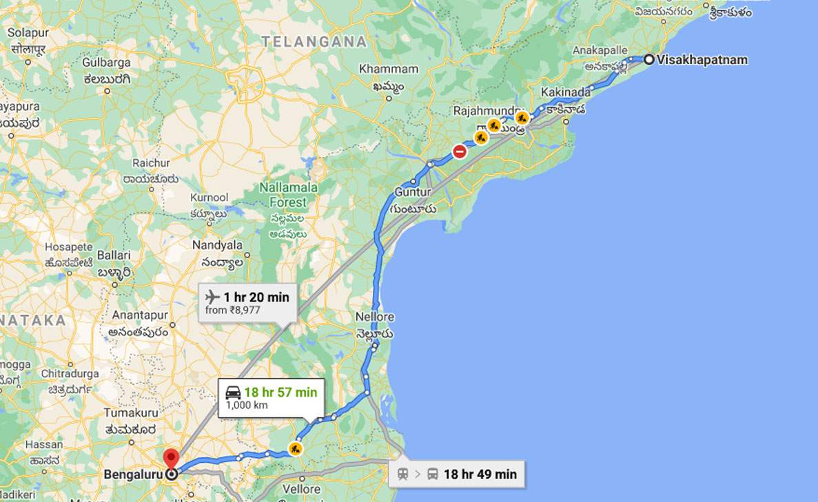 Various ways to cover the distance from Visakhapatnam to Bangalore